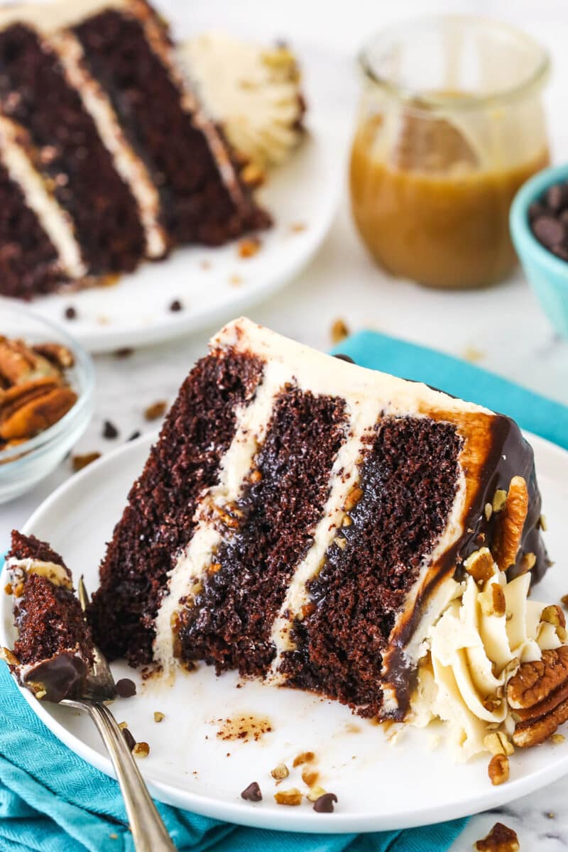 Turtle Chocolate Layer Cake with Caramel Frosting & Chocolate Ganache